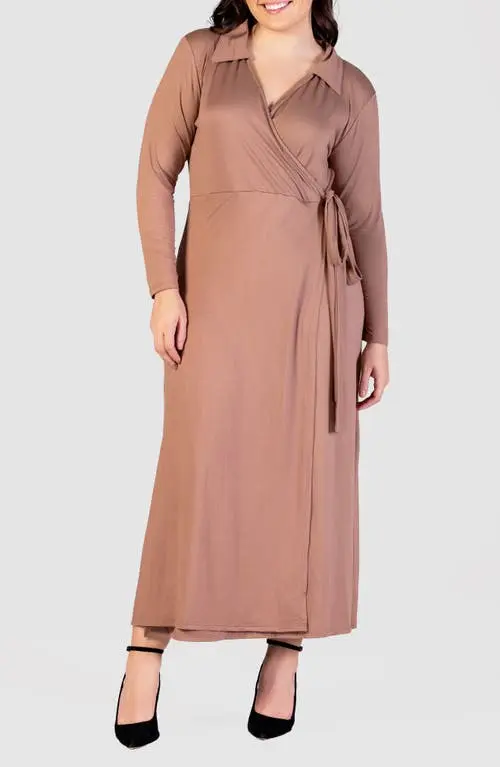 24SEVEN COMFORT APPAREL Collared Long Sleeve Wrap Front Maxi Dress - Mocha