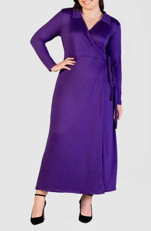 24SEVEN COMFORT APPAREL Collared Long Sleeve Wrap Front Maxi Dress - Purple
