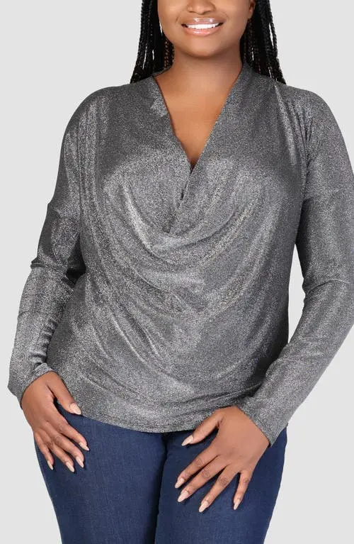 24SEVEN COMFORT APPAREL Cowl Neck Long Sleeve Shimmery Top - Silver