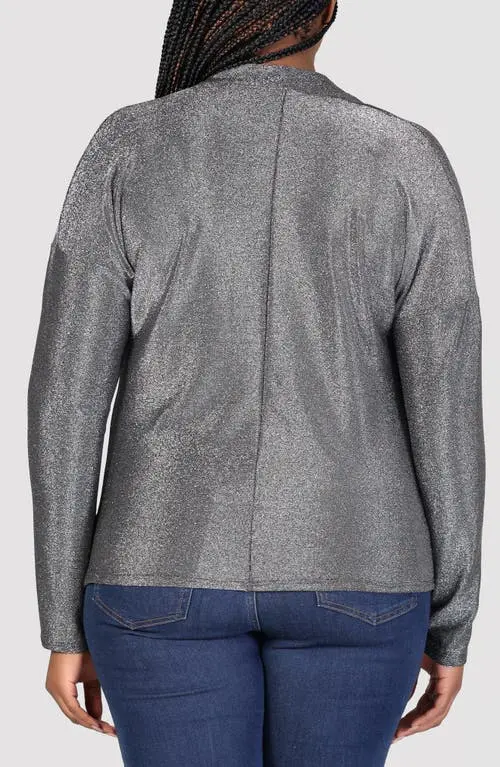 24SEVEN COMFORT APPAREL Cowl Neck Long Sleeve Shimmery Top - Silver