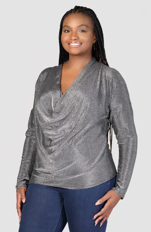 24SEVEN COMFORT APPAREL Cowl Neck Long Sleeve Shimmery Top - Silver
