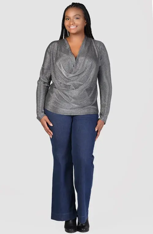24SEVEN COMFORT APPAREL Cowl Neck Long Sleeve Shimmery Top - Silver