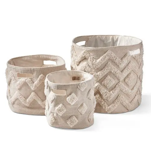 TAG Set Of 3 Tufted Canvas Bins Decorative Cotton Baskets - Beige
