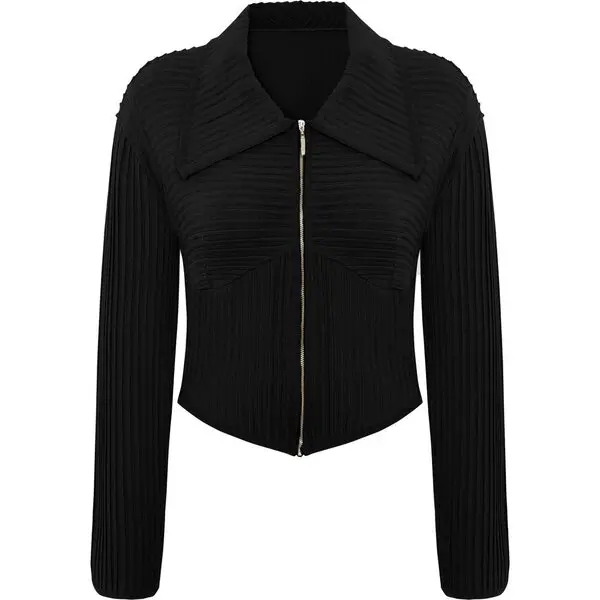 PCFG Fitted Knit Cardigan With Collar And Zip Closure - Black
