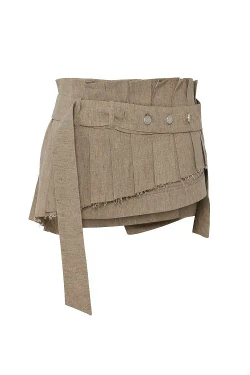 PCFG Linen Blend Pleated Mini Skirt With Belt - Beige