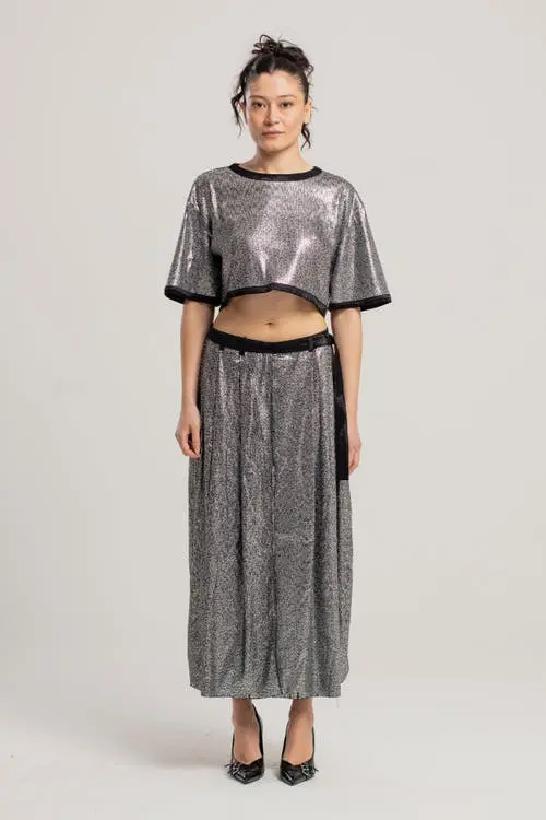 PCFG Sequined Skirt With Contrast Waistband And Slit