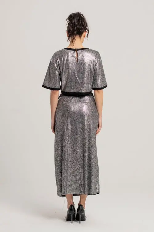 PCFG Sequined Skirt With Contrast Waistband And Slit
