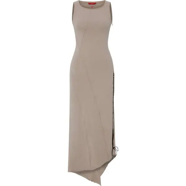 PCFG Sleeveless Round Neck Dress With Asymmetrical Skirt And Tie Detail - Beige