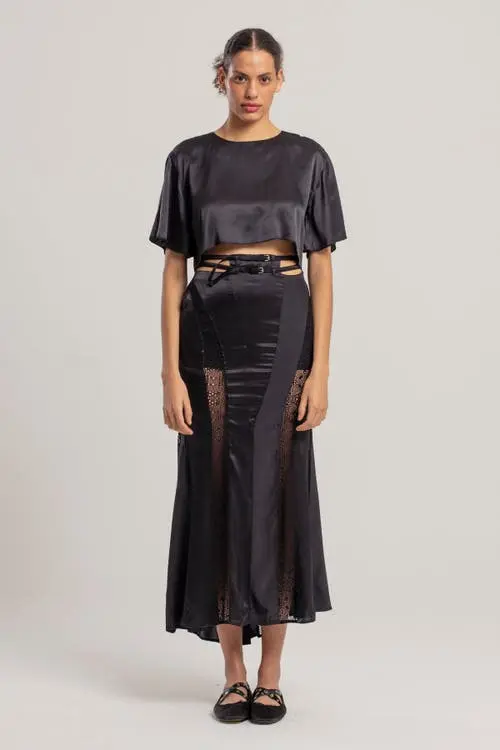 PCFG Pure Silk Maxi Skirt With Lace Insets