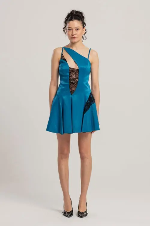 PCFG Asymmetrical Lace Detail Mini Dress - Blue