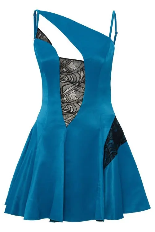 PCFG Asymmetrical Lace Detail Mini Dress - Blue