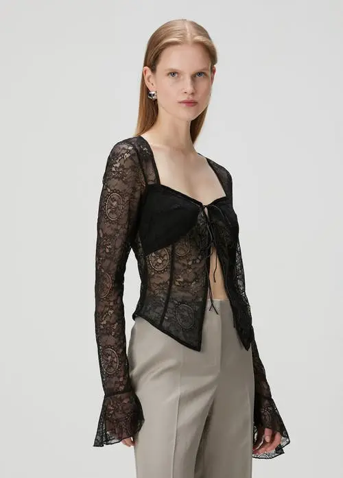 PCFG Long Sleeve Lace Top With Tie Detail