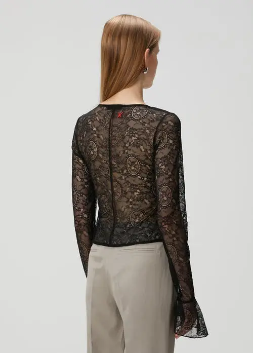 PCFG Long Sleeve Lace Top With Tie Detail