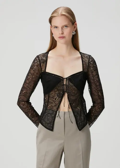 PCFG Long Sleeve Lace Top With Tie Detail