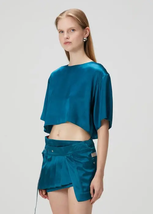 PCFG Pure Silk Oversized Crop Top - Blue Moroccon Blue