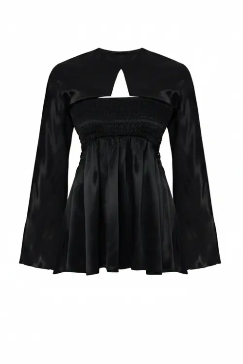 PCFG Long Sleeve Mini Dress With Open Back And Tie Detail - Black