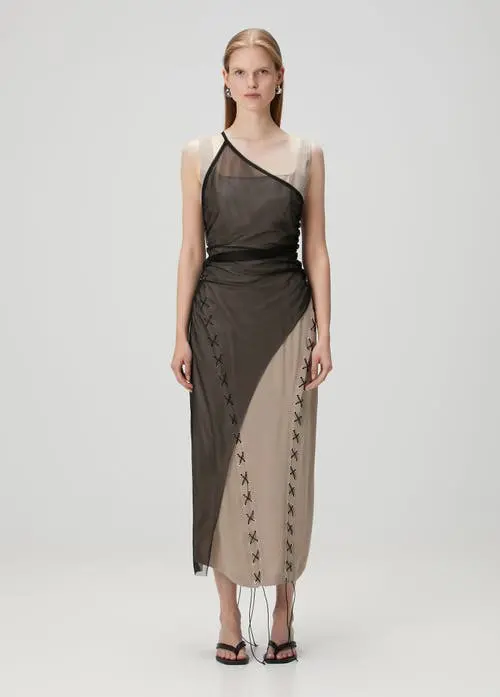 PCFG Asymmetrical Tulle Overlay Dress - Beige