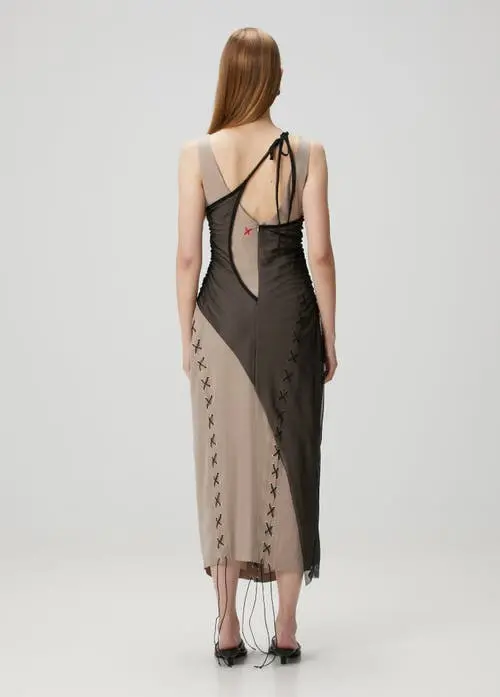 PCFG Asymmetrical Tulle Overlay Dress - Beige