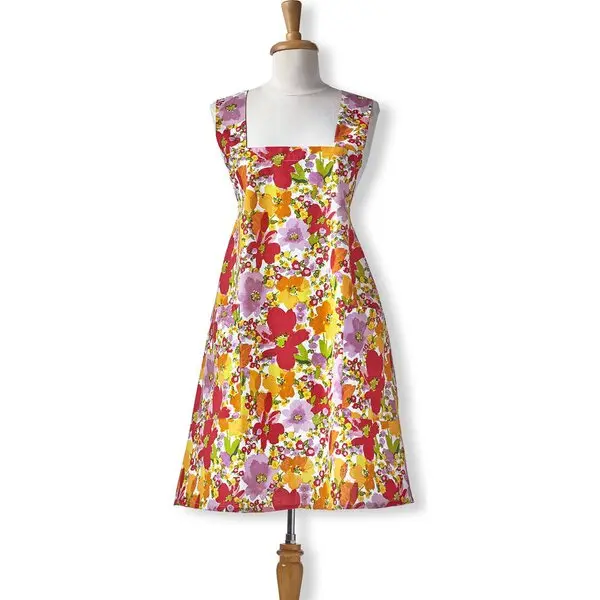 TAG Springtime Floral Pinafore Smock Cotton Apron With Pockets - Pink