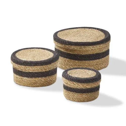 TAG Multicolor Round Box With Lid Decorative Seagrass Basket - Multicolored