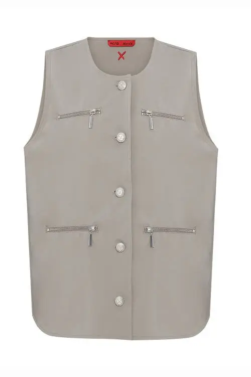 PCFG Cotton Woven Vest With Zip Detail - Beige