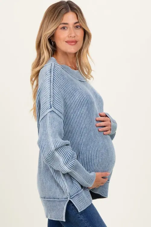 PINKBLUSH Oversized Maternity Sweater With Side Slits - Blue