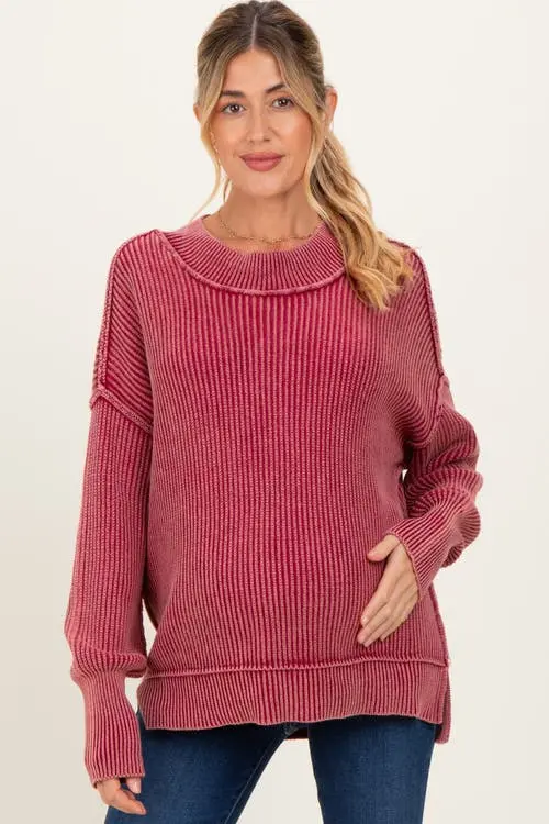 PINKBLUSH Oversized Maternity Sweater With Side Slits - Burgundy