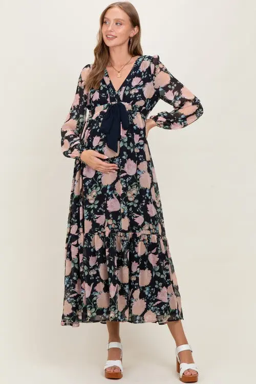 PINKBLUSH Floral Chiffon Bow Tie Front Maxi Dress - Navy Blue