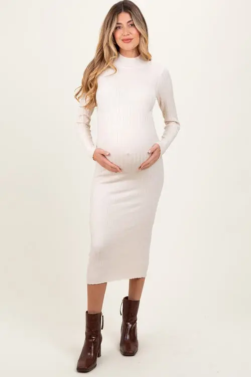PINKBLUSH Mock Neck Ribbed Sweater Dress - Beige