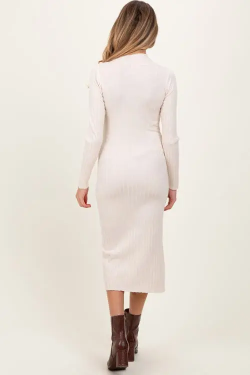 PINKBLUSH Ribbed Mock Neck Sweater Dress - Beige