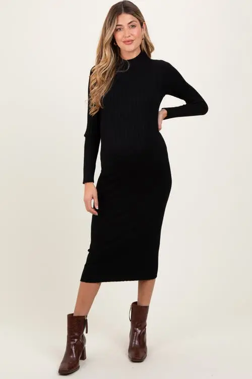 PINKBLUSH Ribbed Mock Neck Sweater Dress - Black