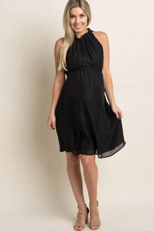 PINKBLUSH Chiffon High Neck Maternity Dress - Black