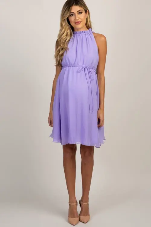 PINKBLUSH Chiffon High Neck Maternity Dress - Purple