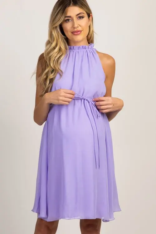 PINKBLUSH Chiffon High Neck Maternity Dress - Purple