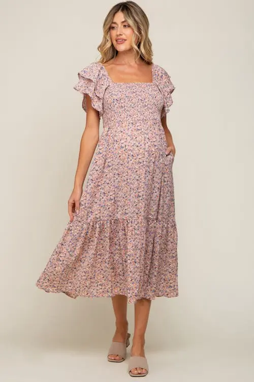 PINKBLUSH Floral Flutter Sleeve Midi Maternity Dress - Light Pink