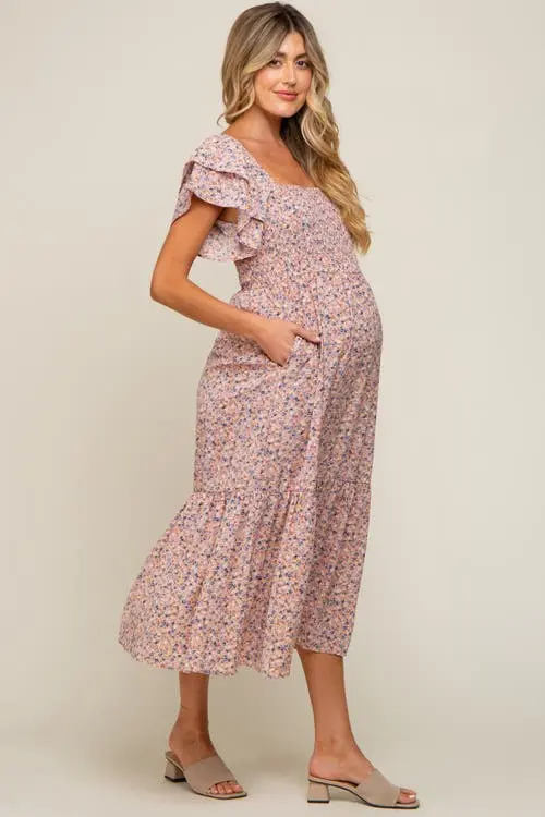PINKBLUSH Floral Flutter Sleeve Midi Maternity Dress - Light Pink