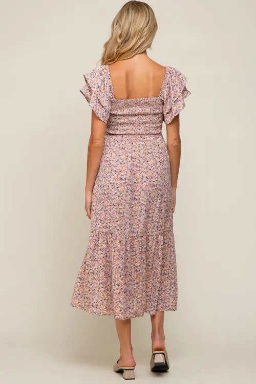 PINKBLUSH Floral Flutter Sleeve Midi Maternity Dress - Light Pink