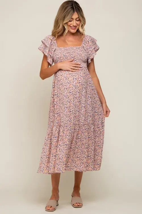 PINKBLUSH Floral Flutter Sleeve Midi Maternity Dress - Light Pink