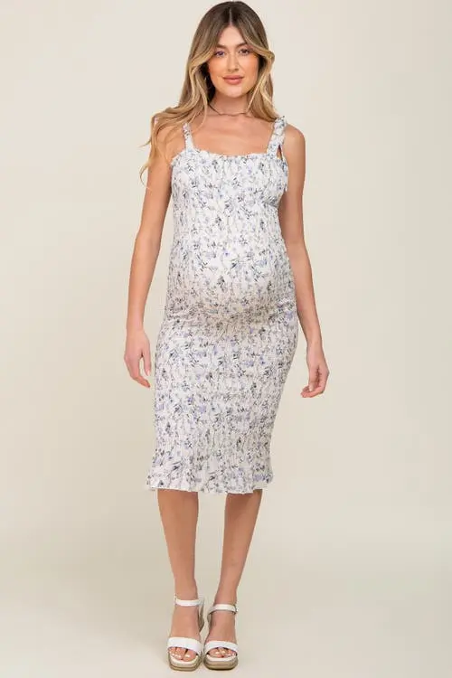 PINKBLUSH Floral Smocked Fitted Maternity Dress - Cream
