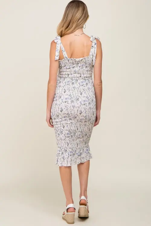 PINKBLUSH Floral Smocked Fitted Maternity Dress - Cream