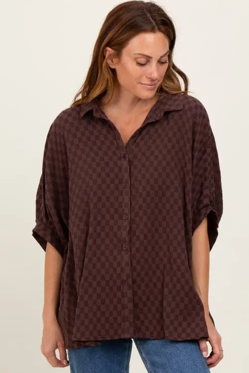 PINKBLUSH Checker Print Short Sleeve Blouse - Brown