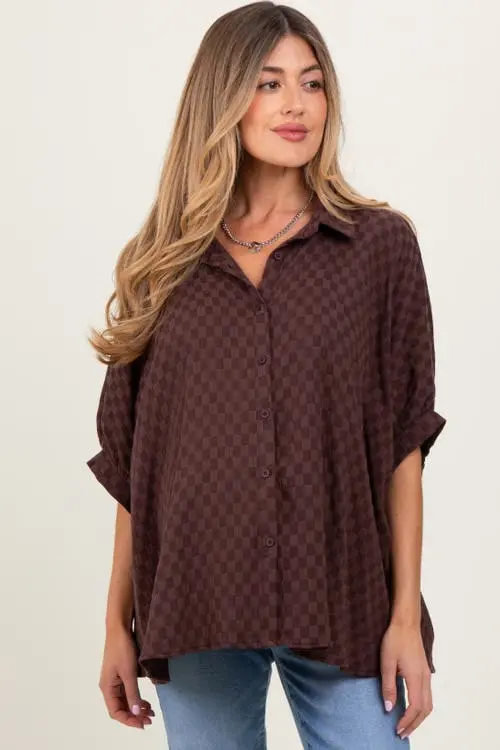 PINKBLUSH Checker Print Short Sleeve Blouse - Brown