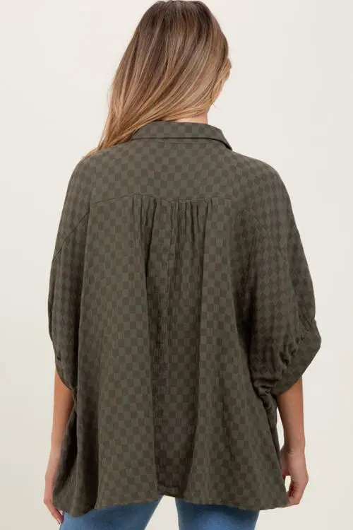 PINKBLUSH Checker Print Short Sleeve Blouse - Olive Green