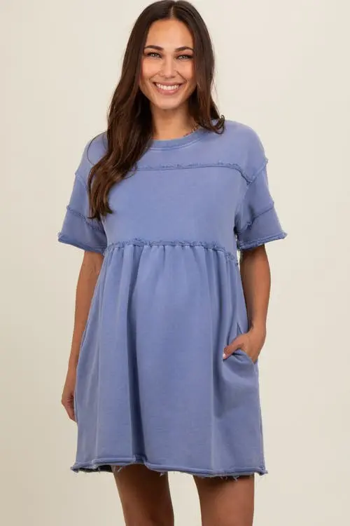 PINKBLUSH Raw Hem Short Sleeve Dress - Blue