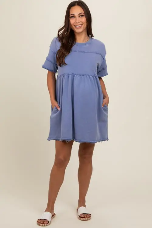PINKBLUSH Raw Hem Short Sleeve Dress - Blue