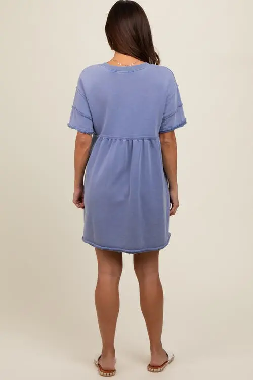 PINKBLUSH Raw Hem Short Sleeve Dress - Blue