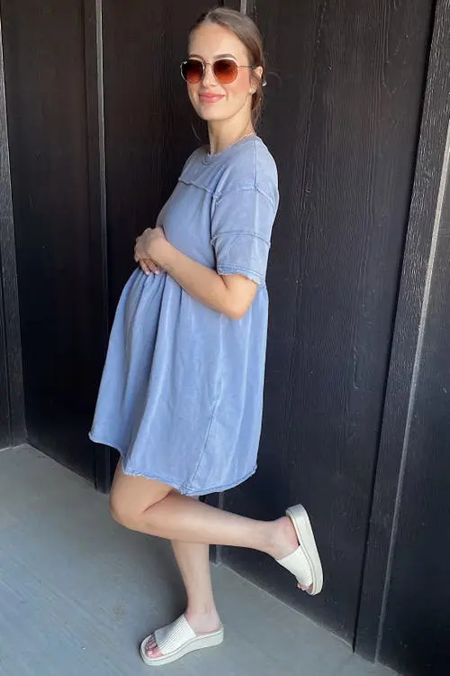 PINKBLUSH Raw Hem Short Sleeve Dress - Blue