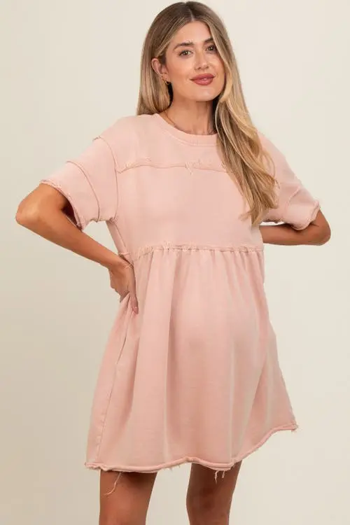 PINKBLUSH Raw Hem Short Sleeve Dress - Mauve