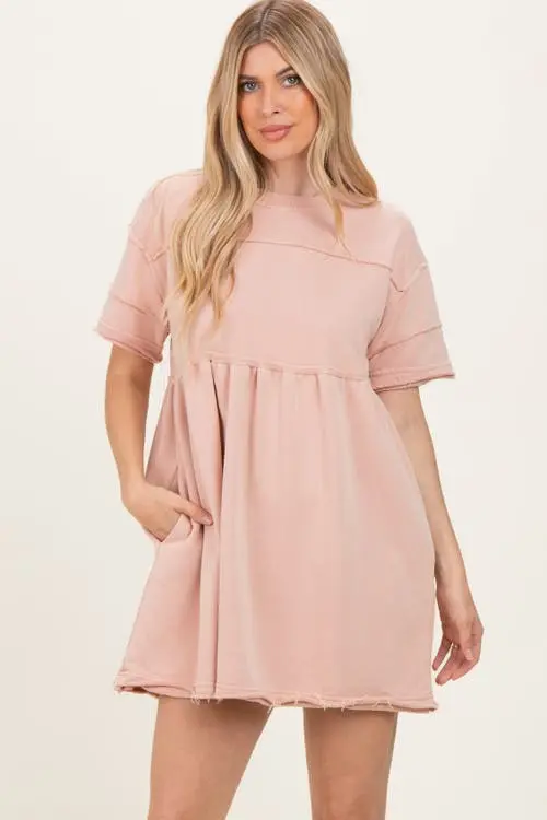 PINKBLUSH Raw Hem Short Sleeve Dress - Mauve