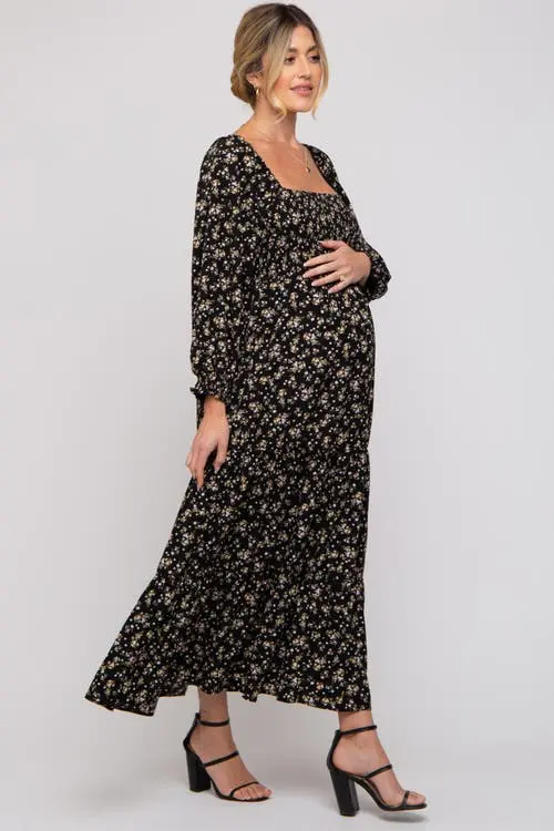 PINKBLUSH Floral Smocked Long Sleeve Maxi Dress - Black